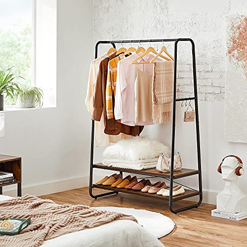 VASAGLE Clothes Rack, Clothing Rack for Hanging Clothes, Garment Rack with 2 Shelves, 6 S-Shaped Hooks, Steel Frame, for Bedroom, Rustic Brown and Black URGR112B01