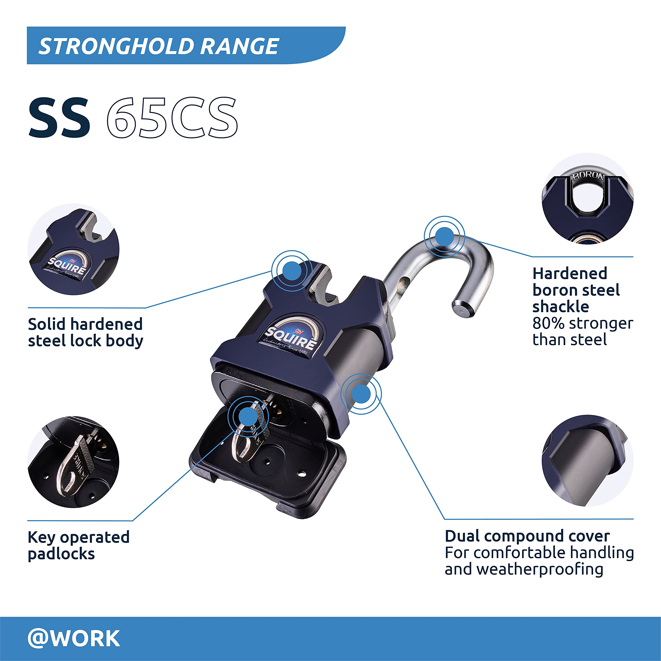 Henry Squire SS65CS Stronghold 6 Pin S Cylinder Closed Shackle Steel Padlock, 65 mm (Length), Black/Blue