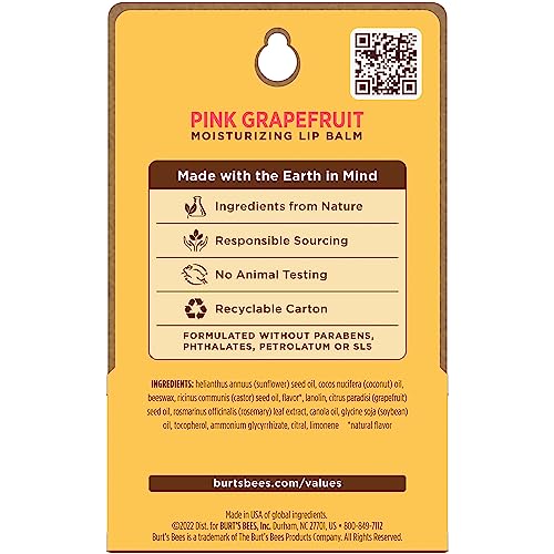 Burt's Bees Lip Balm - Pink Grapefruit, Lip Moisturizer With Responsibly Sourced Beeswax, Tint-Free, Natural Origin Conditioning Treatment, 2 Tubes, 0.15 oz.