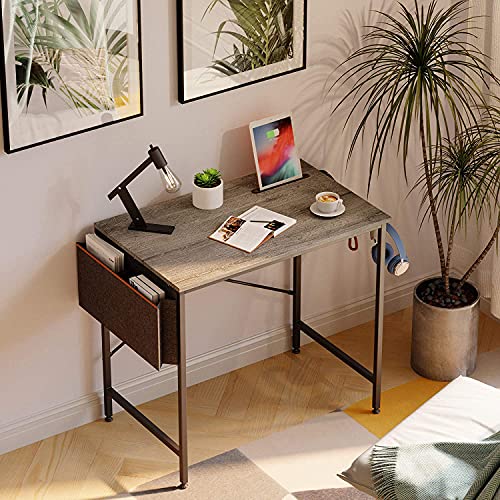 Bestier Computer 32 Inch Modern Mini Style Office Desk with Adjustable Metal Frame, Storage Bag, and Working Table for Small Bedroom Space, Grey