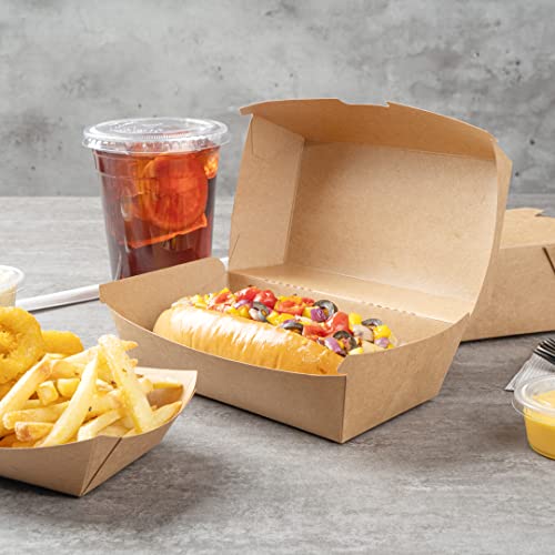 Bio Tek 6.7 x 3.5 x 3.5 Inch Clamshell Food Containers, 100 Disposable Sandwich Containers - Hinged Lid, Tab-Lock Closure, Kraft Paper Hot Dog Containers, Recyclable, Greaseproof