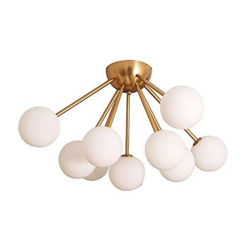 BAODEN Large 9 Lights Modern Globe Semi Flush Mount Ceiling Light Mid Century Sputnik Chandeliers with White Globe Glass Lampshade Brushed Brass Elegant Light Fixture for Living Room Lighting(Gold)