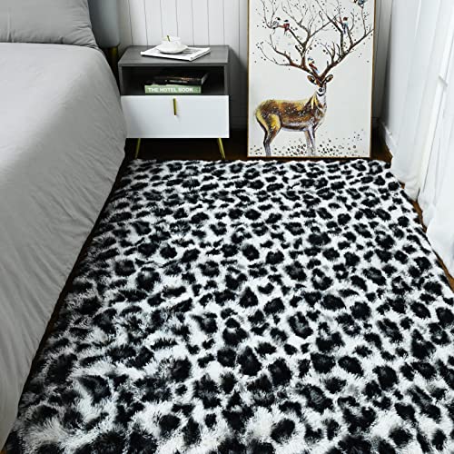 BENRON Soft Leopard Rug Black 4x6 Ft Leopard Print Rugs for Bedroom Living Room Decor Plush Animal Rugs for Kids Girls Nursery White Black Leopard Print