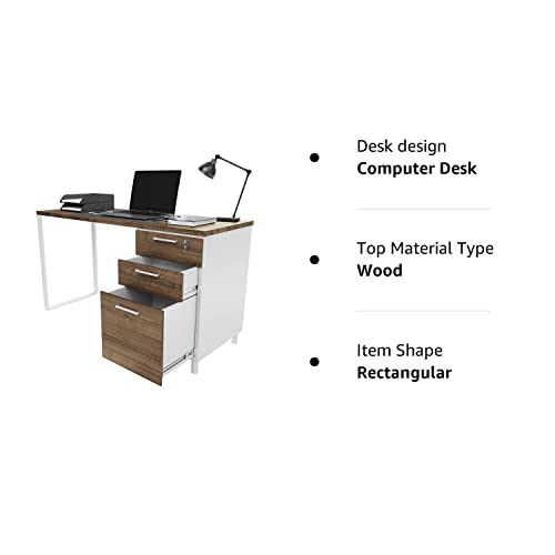 Milano Home Office Desk - 47Inch Cass Walnut/White Home Office Desk with Drawers - Modern Computer Desk with Storage, Detachable & Lockable Computer Cabinet - Wooden Office, Study, and Writing Table