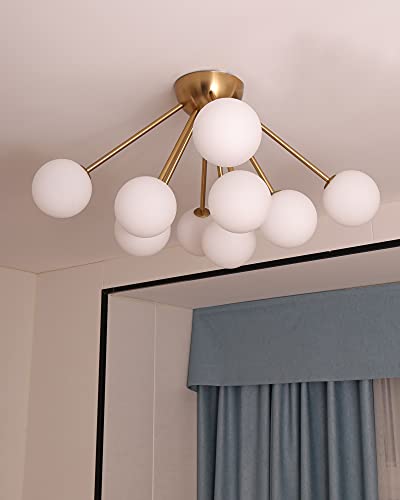 BAODEN Large 9 Lights Modern Globe Semi Flush Mount Ceiling Light Mid Century Sputnik Chandeliers with White Globe Glass Lampshade Brushed Brass Elegant Light Fixture for Living Room Lighting(Gold)