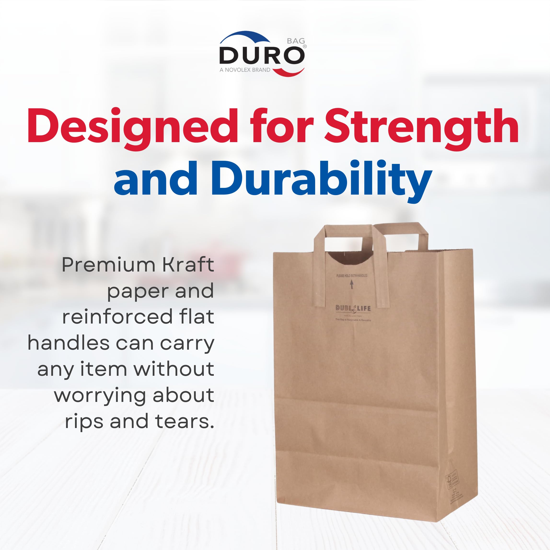 Duro 70# Large Brown Paper Bags with Handles Bulk 50 Count, 12 x 7 x 17 Inches, Blank Brown Grocery Bags with Handles, Paper Sacks for Recycling