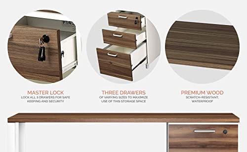 Milano Home Office Desk - 47Inch Cass Walnut/White Home Office Desk with Drawers - Modern Computer Desk with Storage, Detachable & Lockable Computer Cabinet - Wooden Office, Study, and Writing Table