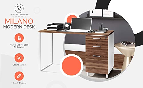 Milano Home Office Desk - 47Inch Cass Walnut/White Home Office Desk with Drawers - Modern Computer Desk with Storage, Detachable & Lockable Computer Cabinet - Wooden Office, Study, and Writing Table