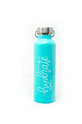 Cute Water Bottles for Women, Teal Hydrate, Insulated Stainless Steel Travel Thermos for Gym Hydration Sport & Hot Yoga Thermal Flask for College Students, Sorority & Teen Girls