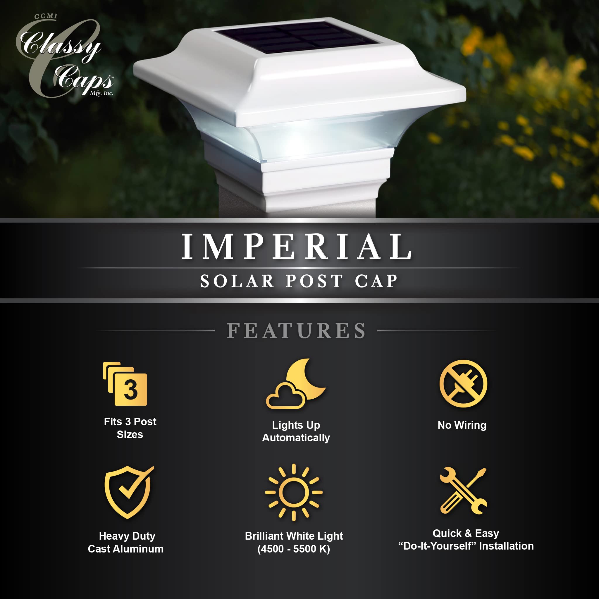 Classy Caps SLO82W Imperial Solar Post Cap - Fits 2" x 2", 2.25" x 2.25", 2.5" x 2.5" Posts - White Powder Coated Aluminum