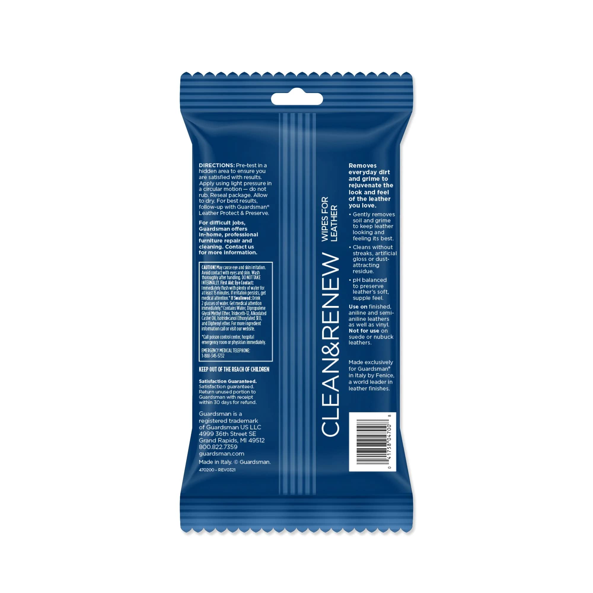 Guardsman Clean and Renew Leather Protector for Leather Furniture & Car Interiors | Small Leather Goods and Leather Shoe Cleaner, Wipes 20 Count