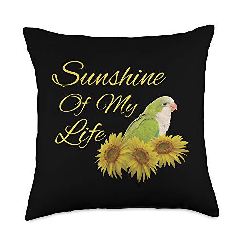 Quaker Parakeet Designs Quaker Parrot Green Monk Parakeet Sunshine Sunflower Throw Pillow, 18x18, Multicolor