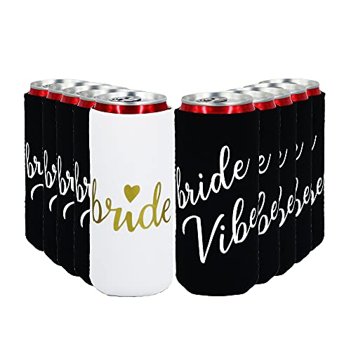 LADY&HOME Bachelorette Slim Can Coolers for Bridesmaid, Set of 10 Bride and Team Bride Can Cooler for Bachelorette Party Favors and Decorations for Wedding(Black vibe)