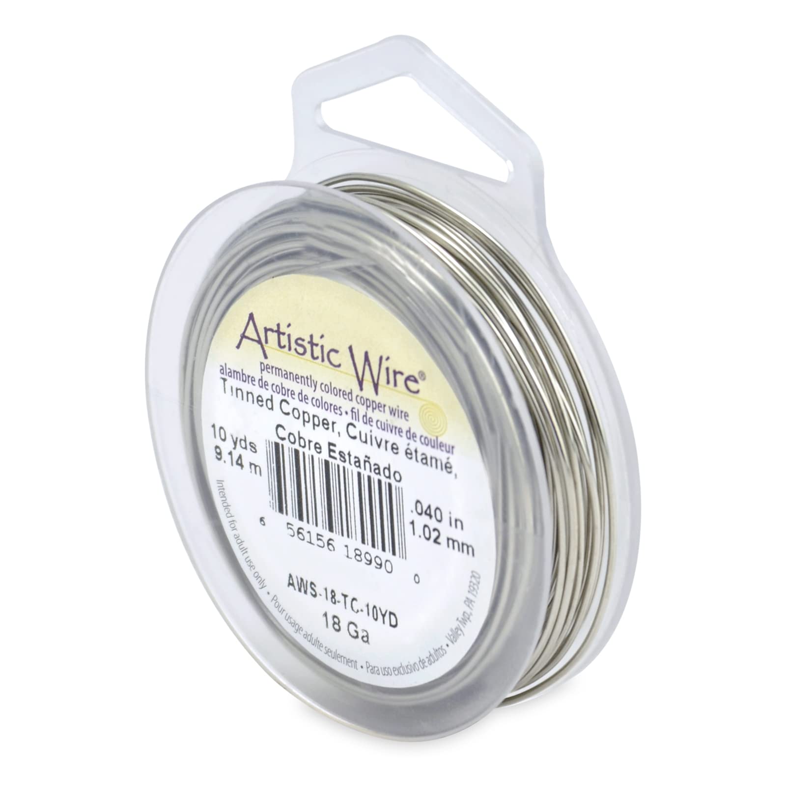 Artistic Wire, 18 Gauge Tarnish Resistant Tinned Copper Craft Jewelry Wrapping Wire, Silver Color, 10 yd