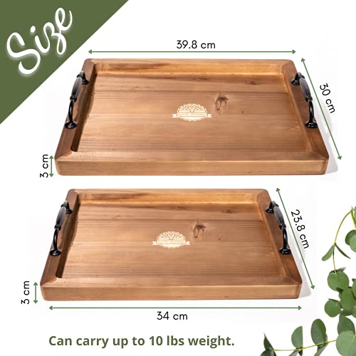 2 Pack Wooden Rustic Serving Tray with Handle for Coffee Bar, Living Room and Patio - Stackable Trays lend Rustic or Farmhouse Feels to Your Home