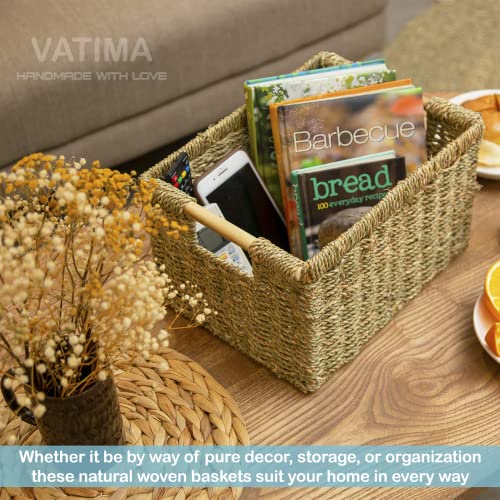 Large Wicker Storage Basket with Wooden Handles, Seagrass Baskets for Shelves, Natural Basket With Handle, Wicker Baskets for Storage 14.5 x 10.3 x 7.5 inches