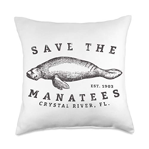 Save The Manatees Vintage Apparel Save The Manatee Crystal River FL Vinatage Sea Cow Gift Throw Pillow, 18x18, Multicolor
