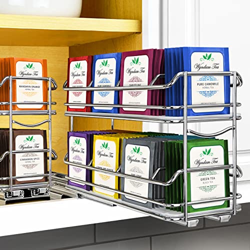 LYNK PROFESSIONAL® Slide Out Tea Bag Holder Organizer - Double Upper Kitchen Cabinet Pull Out Rack, Organize Up To 140 Tea Bags - Lifetime Limited Warranty - Chrome