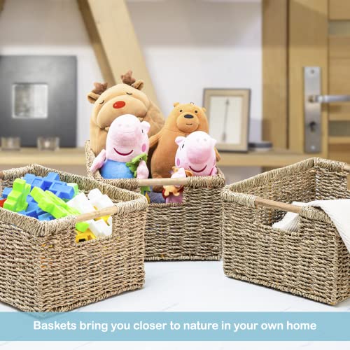 Large Wicker Storage Basket with Wooden Handles, Seagrass Baskets for Shelves, Natural Basket With Handle, Wicker Baskets for Storage 14.5 x 10.3 x 7.5 inches
