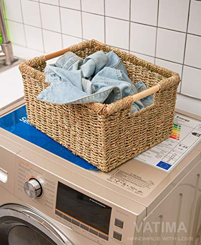 Large Wicker Storage Basket with Wooden Handles, Seagrass Baskets for Shelves, Natural Basket With Handle, Wicker Baskets for Storage 14.5 x 10.3 x 7.5 inches