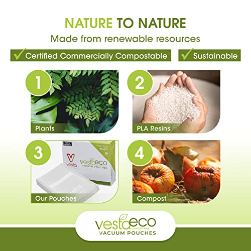 VestaEco Compostable Vacuum Seal Bags | Extend Freshness | Embossed | Certified Compostable | Reduce Waste | 11 x 16 Inches | 50 Vacuum Bags per Box
