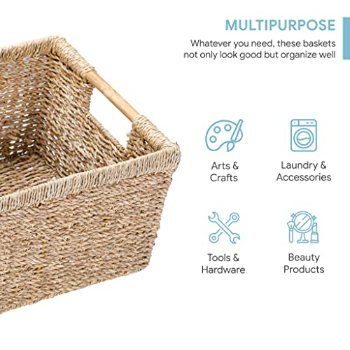 Large Wicker Storage Basket with Wooden Handles, Seagrass Baskets for Shelves, Natural Basket With Handle, Wicker Baskets for Storage 14.5 x 10.3 x 7.5 inches