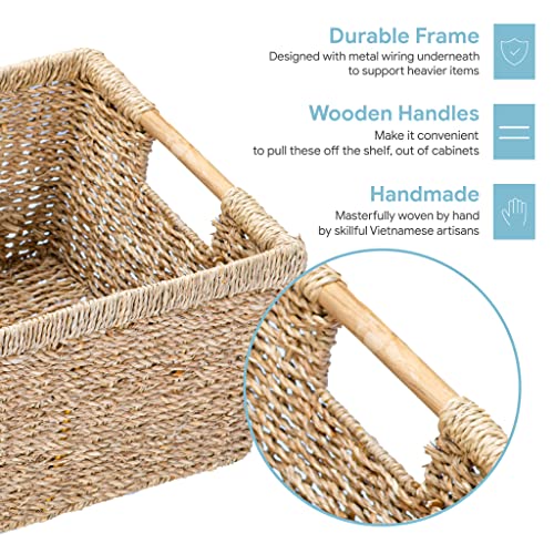 Large Wicker Storage Basket with Wooden Handles, Seagrass Baskets for Shelves, Natural Basket With Handle, Wicker Baskets for Storage 14.5 x 10.3 x 7.5 inches