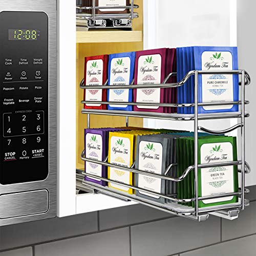 LYNK PROFESSIONAL® Slide Out Tea Bag Holder Organizer - Double Upper Kitchen Cabinet Pull Out Rack, Organize Up To 140 Tea Bags - Lifetime Limited Warranty - Chrome