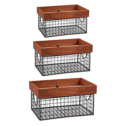 DII Farmhouse Wood Rimmed Wire Storage Basket Set, Bronze, Assorted