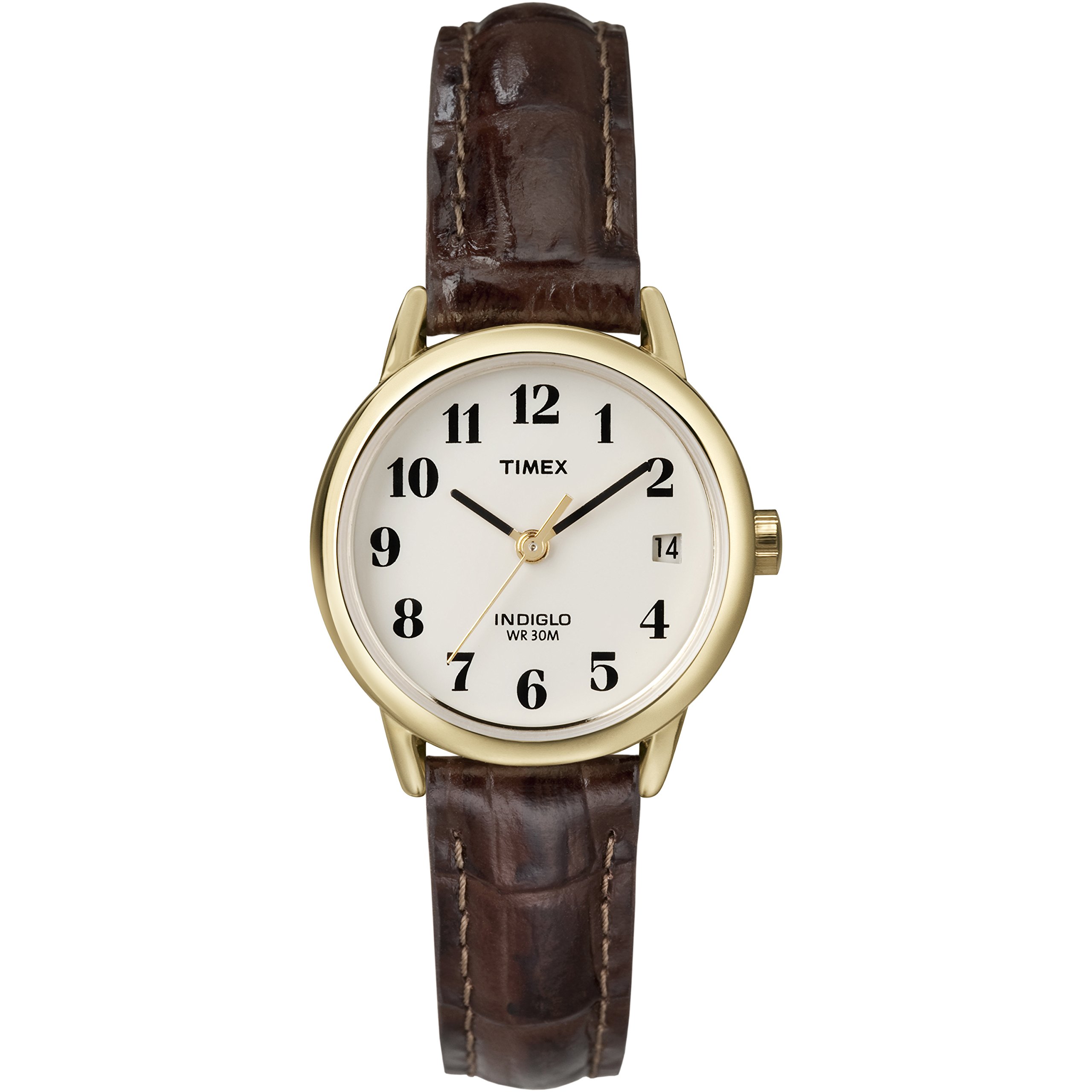 Timex Women's Easy Reader 25mm Watch – Gold-Tone Case Natural Dial with Brown Croco Leather Strap