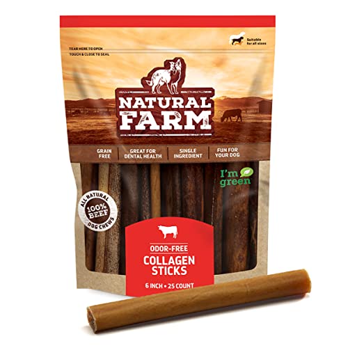 Natural Farm Collagen Dog Chews (6 Inch, 25 Pack), Odor-Free Long Lasting Bully Sticks & Rawhide Alternative Dog Treats, 95% Collagen Low Fat, High Protein Best Dental Dog Treats – Medium & Large Dogs