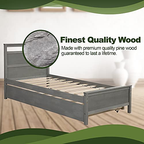Hanway Trundle Bed Frame/American Country Style daybed and roll Out Twin Size Trundle accommodate/Made by Exquisite Pine Wood Craftsmanship and Weathered Wood Texture Finish