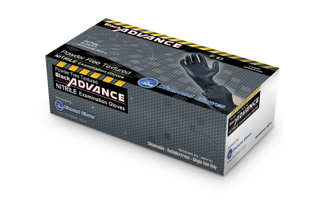 Black Advance Nitrile Industrial Powder Free Gloves, Black, 6.3 mil, Heavy Duty, 1000pcs/case, Case of 10 Boxes, 100/box by Diamond Gloves