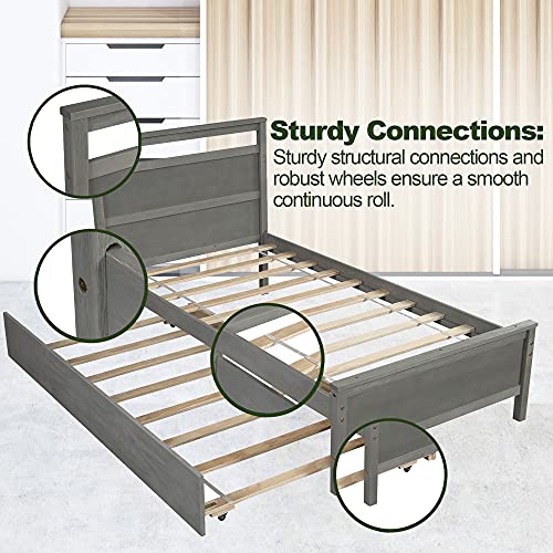 Hanway Trundle Bed Frame/American Country Style daybed and roll Out Twin Size Trundle accommodate/Made by Exquisite Pine Wood Craftsmanship and Weathered Wood Texture Finish