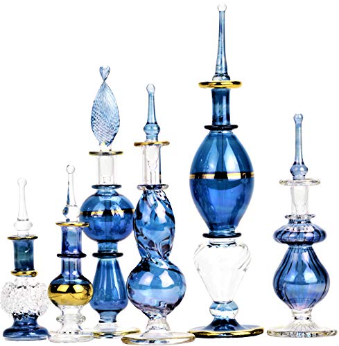 NileCart Egyptian Perfume Bottles All blue 2-5 in Collection Set of 6 Mouth-Blown Decorative Glass with Handmade Golden Egyptian Decoration for Perfumes & Essential Oils
