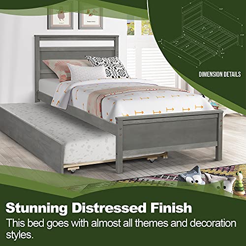 Hanway Trundle Bed Frame/American Country Style daybed and roll Out Twin Size Trundle accommodate/Made by Exquisite Pine Wood Craftsmanship and Weathered Wood Texture Finish