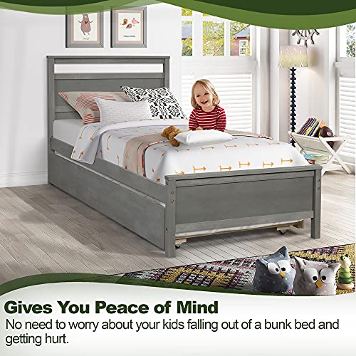 Hanway Trundle Bed Frame/American Country Style daybed and roll Out Twin Size Trundle accommodate/Made by Exquisite Pine Wood Craftsmanship and Weathered Wood Texture Finish