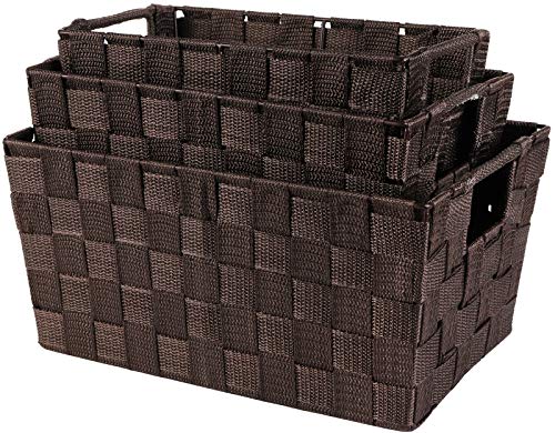 Nicunom 3 Pack Woven Baskets, 3 Size Woven Strap Storage Basket Bin Container, Nylon Stackable Shelf Organizer Set for Home, Office, Laundry, Closet, Built-in Carry Handles, Brown