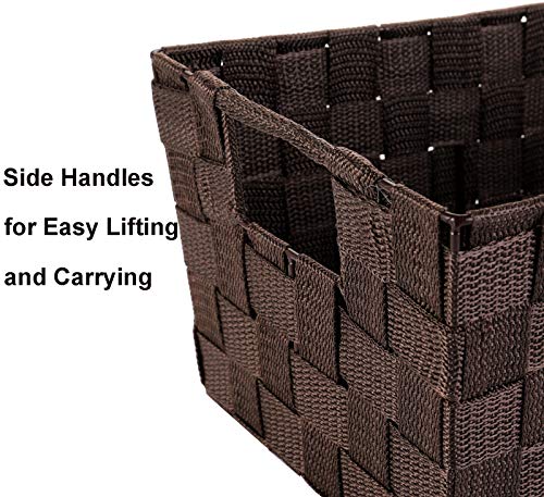 Nicunom 3 Pack Woven Baskets, 3 Size Woven Strap Storage Basket Bin Container, Nylon Stackable Shelf Organizer Set for Home, Office, Laundry, Closet, Built-in Carry Handles, Brown
