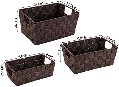 Nicunom 3 Pack Woven Baskets, 3 Size Woven Strap Storage Basket Bin Container, Nylon Stackable Shelf Organizer Set for Home, Office, Laundry, Closet, Built-in Carry Handles, Brown