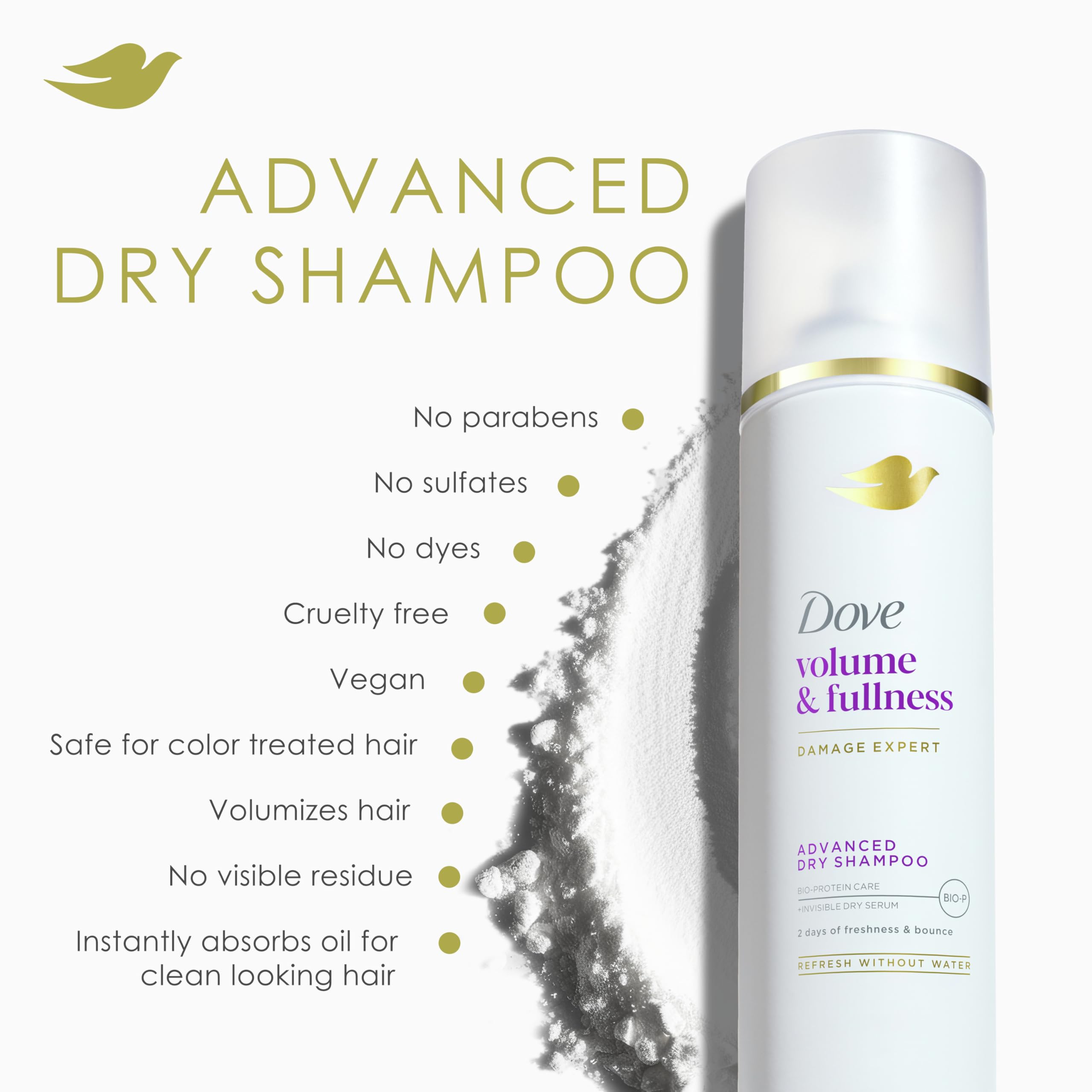 Dove Advanced Dry Shampoo Volume & Fullness Refresh & Revive Flat Hair Without Water for 2 Days of Freshness & Bounce 5 oz