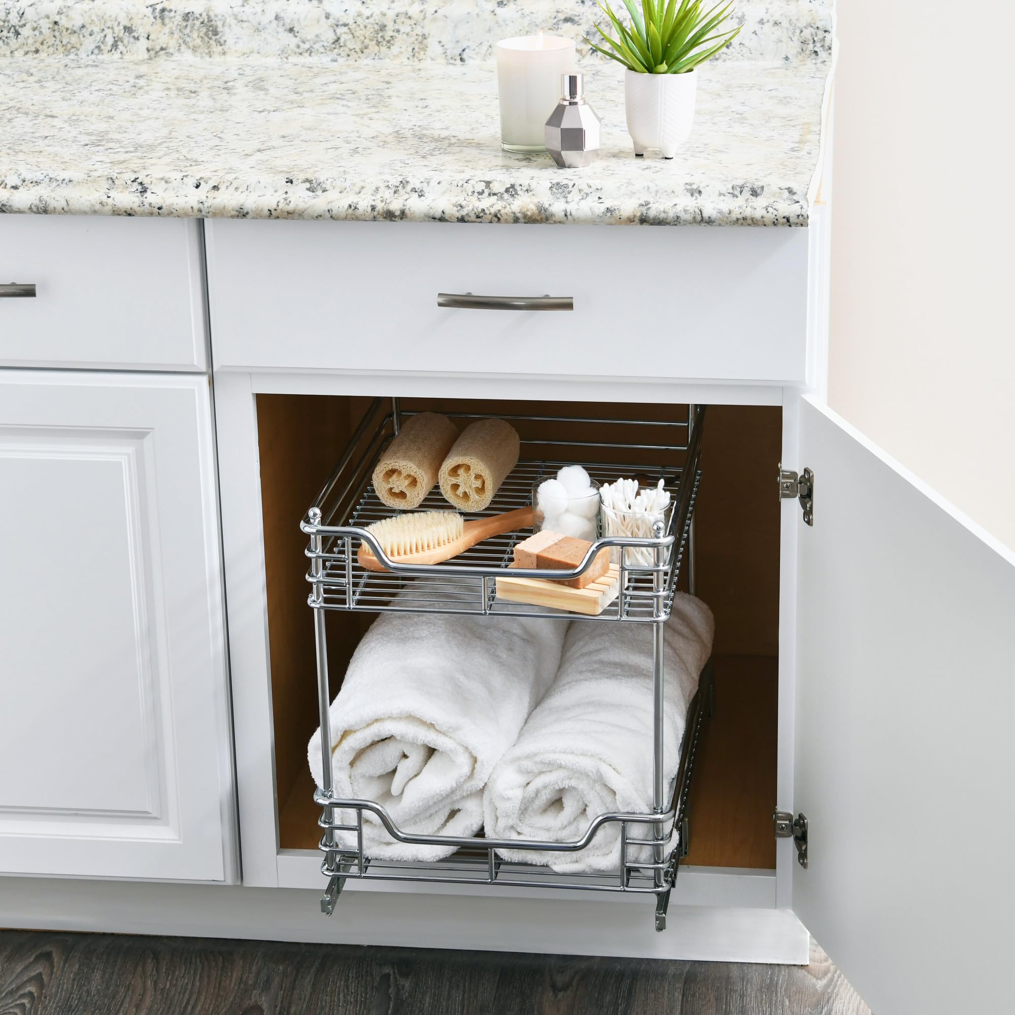 Household Essentials Glidez Multipurpose Chrome-Plated Steel Pull-Out/Slide-Out Storage Organizer for Under Cabinet Use - 2-Tier Design - Fits Standard Size Cabinet or Shelf, Chrome
