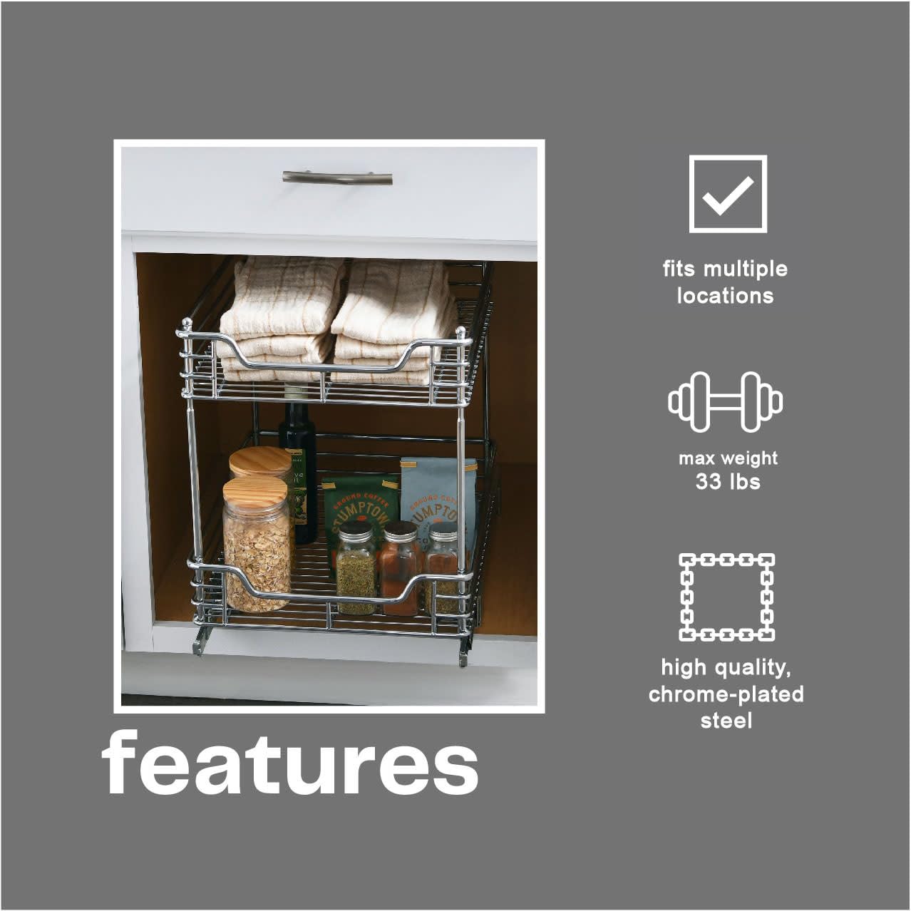 Household Essentials Glidez Multipurpose Chrome-Plated Steel Pull-Out/Slide-Out Storage Organizer for Under Cabinet Use - 2-Tier Design - Fits Standard Size Cabinet or Shelf, Chrome