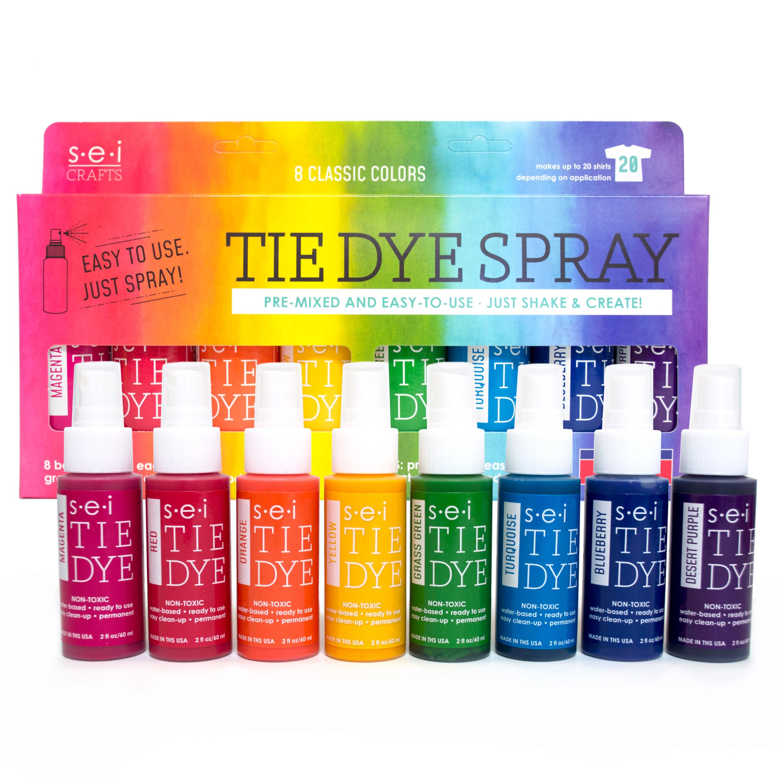 S.E.I. Classic Tie Dye Kit, Fabric Dye Spray Set, Easy Clean Up, Easy Application, Spray Tie Dye Kit - 8 Pack of Colors