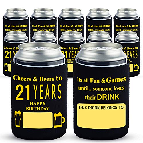 Yangmics Direct 21st Birthday Can Cooler Sleeves - 21st Birthday Party Supplies - Black and Gold Twenyt-first Birthday Cup Coolers-Pack of 12-Born in 2001
