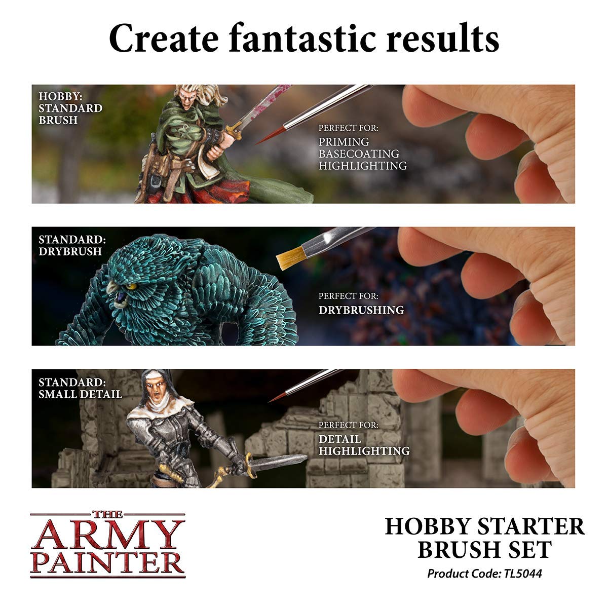 The Army Painter Hobby Brush Starter Set -Miniature Small Paint Brush Set of 3 Acrylic Paint Brushes-Includes Drybrush, Standard Model Paint Brush & Detail Fine Tip Paint Brush for Acrylic Painting