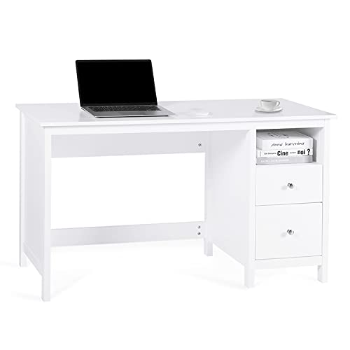 Vikiullf White Writing Desk with Drawers - 47β Modern Home Office Study Computer Desk with Storage Cabinet & Open Shelf, Simple Vanity Table for Bedroom