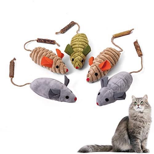 PEEKAB 5Pcs Catnip Toy Oirganic Silvervine Toys Plush Cat Chew Interactive Toys Cat Mice & Animals Toys for Indoor Cats and Kittens Over 6 Months Old (Multicolor 5Pcs Mice)