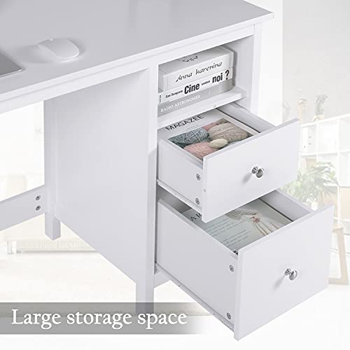 Vikiullf White Writing Desk with Drawers - 47β Modern Home Office Study Computer Desk with Storage Cabinet & Open Shelf, Simple Vanity Table for Bedroom