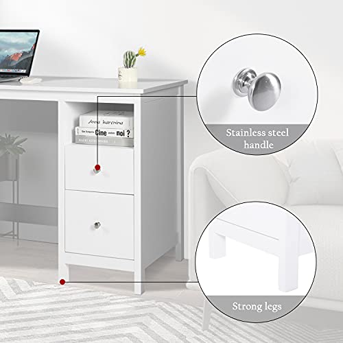 Vikiullf White Writing Desk with Drawers - 47β Modern Home Office Study Computer Desk with Storage Cabinet & Open Shelf, Simple Vanity Table for Bedroom